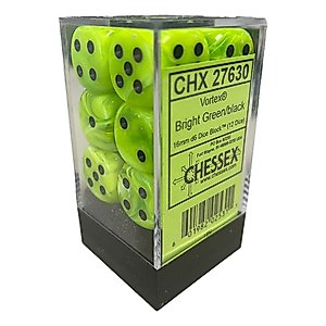 DND Dice Set-Chessex D&D Dice-16mm Vortex Bight Green and Black Plastic Polyhedral Dice Set-Dungeons and Dragons Dice Includes 12 Dice – D6, Various, One Size (CHX27630)