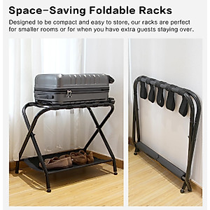 Yuihochic Luggage Rack, Pack of 2, Suitcase Stand with Fabric Storage Shelf, for Guest Room,Bedroom,Hotel, Foldable Painted Steel Frame (Black+Package Quantity 2)