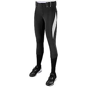 CHAMPRO Surge Traditional Low-Rise Fastpitch Softball Pant with Contrast-Color Braid Piping, Black,White, Large
