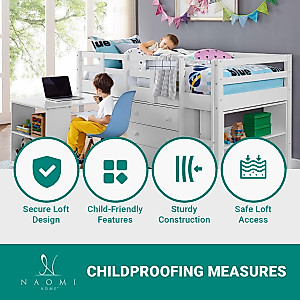 Naomi Home Twin Size Loft Bed with Storage, Desk, Cabinet Ladder, Low Study Pine Wood for Kids, Safety Guard Rails, Bookcase Shelf, White