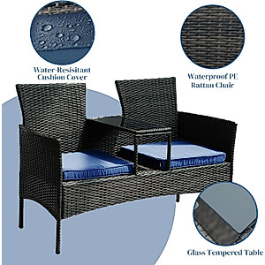 TINKLE WELL Wicker Outdoor Loveseat Modern Rattan 2-Seat Patio Conversation Set with Cushions & Built-in Coffee Table Porch Furniture for Garden Lawn Backyard, Black