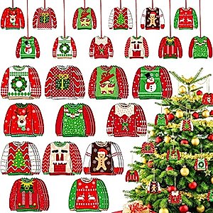 Tegeme 48 Pieces Christmas Ugly Sweater Ornaments Xmas Felt Tacky Tree Decorations Hanging for Pendant Tag with Ropes Winter Holiday Party Favors (Vivid Style)