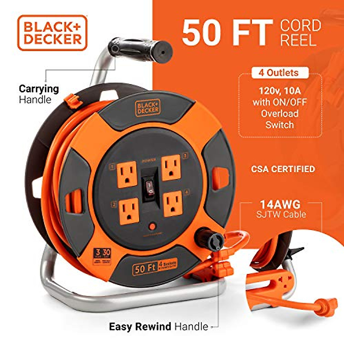 BLACK+DECKER 50 Ft. Retractable Extension Cord Reel With 4 Outlets, Multi-Plug Extension, Easy Handle Rewind & Heavy-Duty 14AWG SJTW Cable