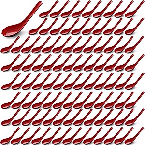 Hushee 100 Pcs Asian Chinese Soup Spoons 6.3 Inches Japanese Korean Soup Spoons Miso Soup Spoons Red and Black Spoons Bulk with Hook for Melamine Soba Wonton Rice Pho Ramen Noodle Soups Dumpling