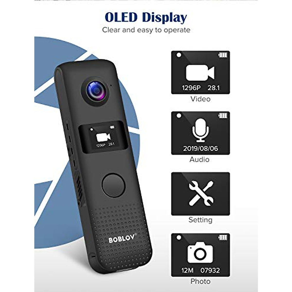 BOBLOV C18 WiFi Small Body Camera, 32GB Outdoor Mini Camera, 1296P Mini Body Worn Camera with OLED Screen, 3.5 Hours 1080P Recording Support WiFi, One Big Button for Recording (Built-in 32G)