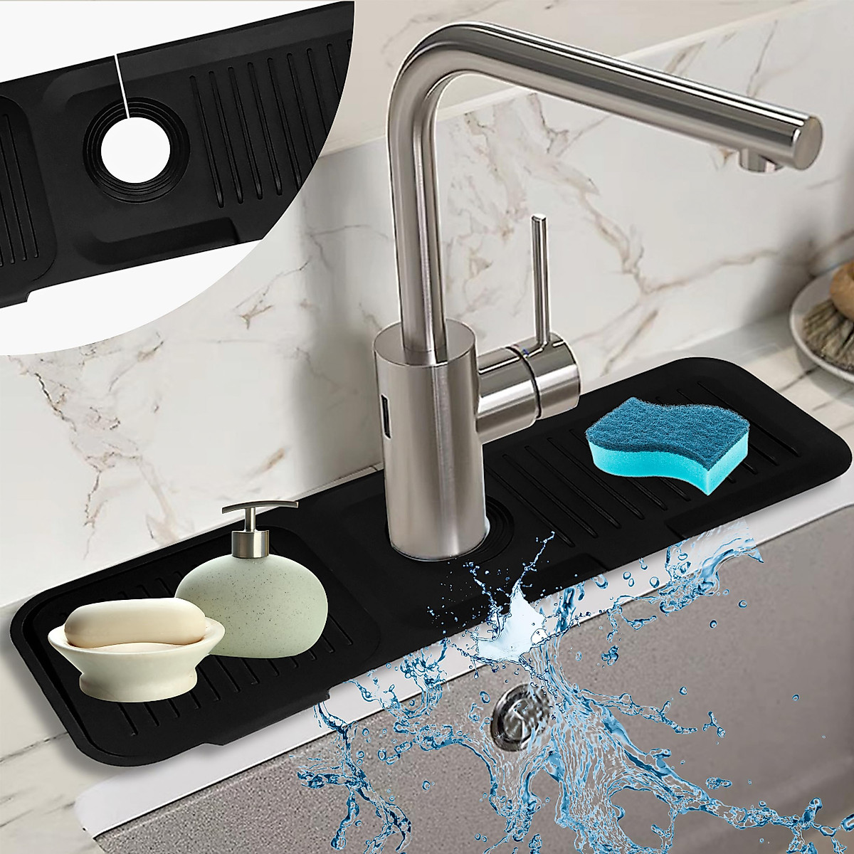 BULLMIND 7° Slope Kitchen Sink Splash Guard Behind Faucet | Sink Faucet Mat Splash Guard | Versatile Kitchen Faucet Splash Guard Accessory | Kitchen Splash Guard For Sink (17.7 x 5.5 inch, Black)