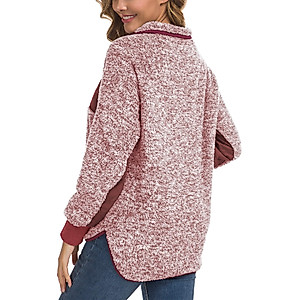 VIISHOW Women Long Sleeves Color-block Asymmetrical Paneled Long Sleeve Sweatshirt Pocket Sherpa Fleece Pullover Coat Jujube Red XX-Large