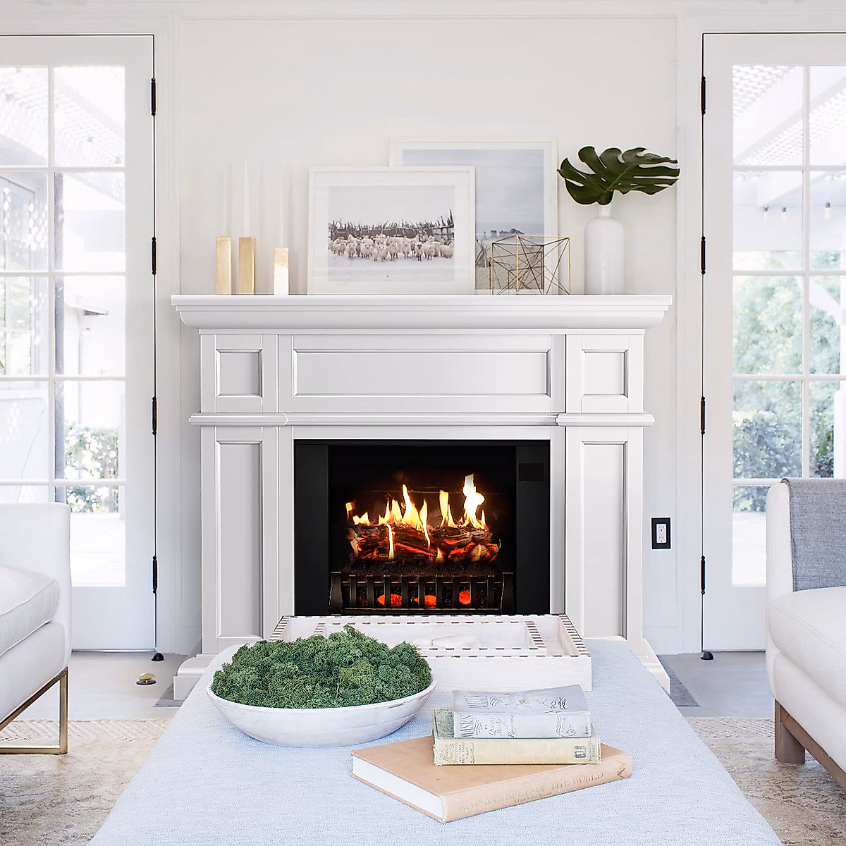 MagikFlame Electric Fireplace with Mantel - Artemis White - 30 Flames, Large, Freestanding, 5,200 BTU Heater, Crackling Log Sound, Bluetooth, App - New Home Design, Remodels, Family Atmosphere