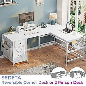 SEDETA L Shaped Computer Desk, Convertible 86.6" Home Office Desk or Corner Desk, L Office Desk with Drawer, Power Strip, Storage Cabinet, Monitor Stand & Storage Bag, White