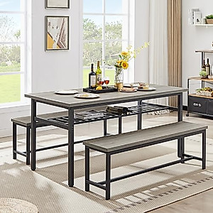 Rovibek 2 Benches Dining Table Set, Modern Space Saving Kitchen Desk, Wooden Industrial Style Farmhouse, 67", Grey