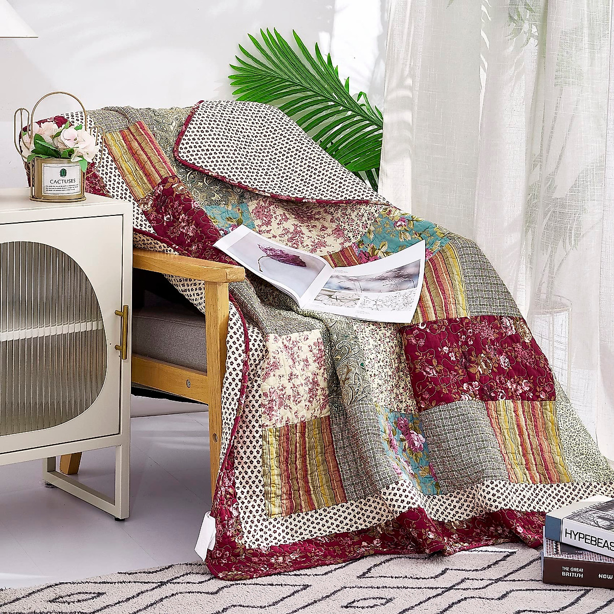 Tache Cotton Patchwork Quilt Blanket Country Farm Cottage Vintage Antique Ditsy Floral Paisley Burgundy Beige Lightweight Coverlet Fairy Tale Tea Party Quilted Throw Blanket, 50x60