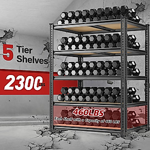 REIBII 72" H Storage Shelves 2300LBS Heavy Duty Garage Shelving Adjustable 5 Tier Garage Storage for Garage Kitchen Basement Industrial Metal Shelf Organizer Black