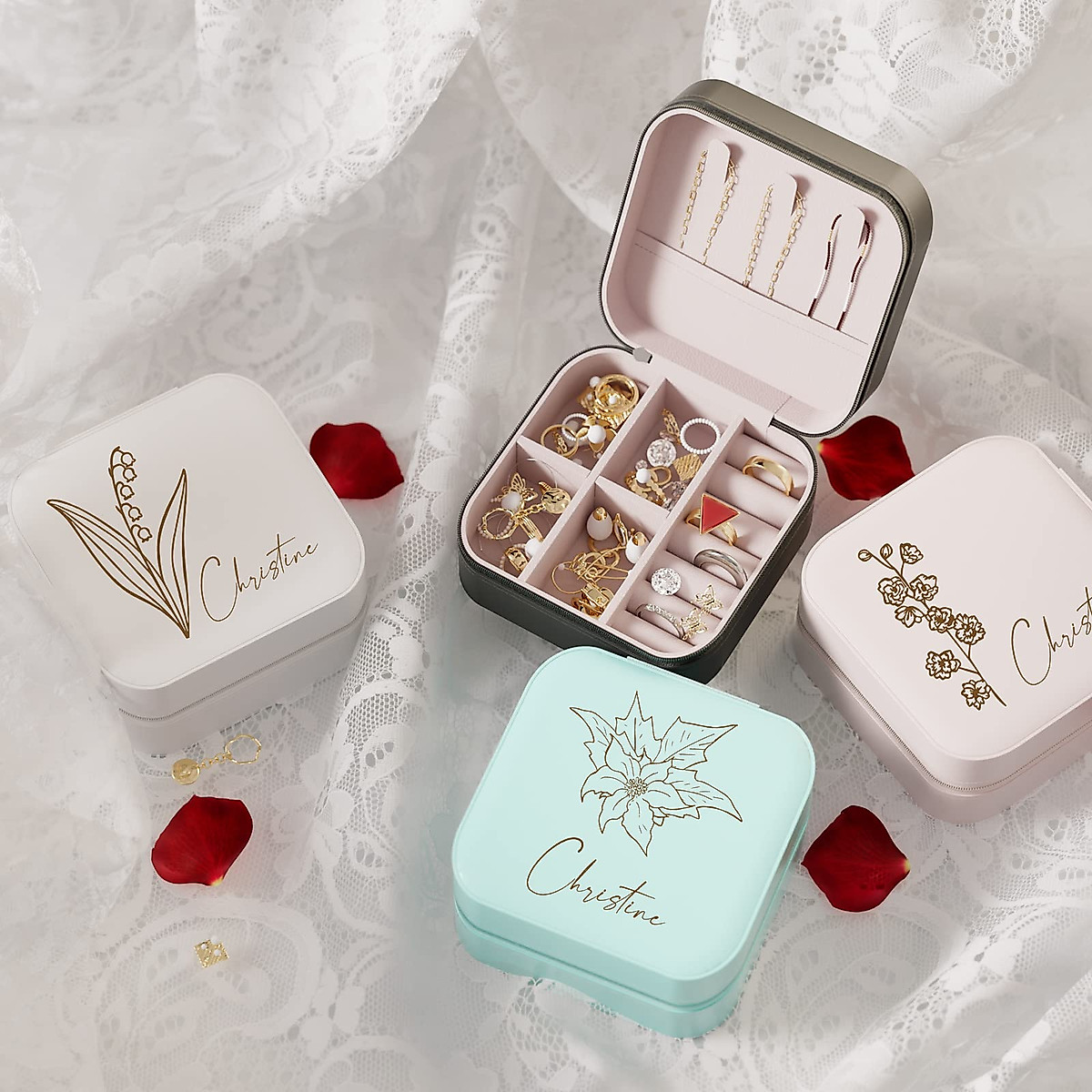 Personalized Jewelry Box - Custom Gifts for Women, Portable Small Travel Jewelry Case with Birth Flower & Name, Bridesmaid Gifts, Wedding Gifts, Gifts for Birthday Anniversary for Women Mom Girls