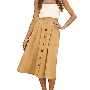 Naggoo Womens Summer A-Line High Waisted Button Pleated Midi Skirt Khaki Large