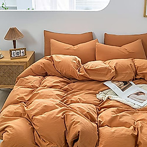 PATSAY 100% Cotton Linen-Like Textured Duvet Cover Set, 3 Piece Luxury Pumpkin Orange Bedding Set Queen Size, Soft and Breathable, with Zipper Closure and Corner Ties (1 Duvet Cover+2 Pillowcases)