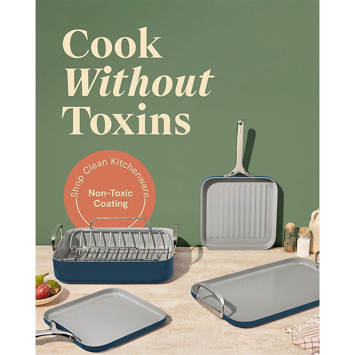 Caraway Square Cookware Set - Square Pans Set - Perfect for Griddling, Toasting, Searing, Roasting, and More - Non-Stick Ceramic Coated Pans - Non Toxic, PTFE & PFOA Free - Navy