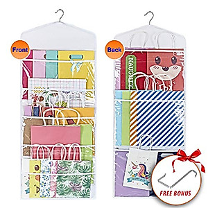 ProPik Hanging Double Sided Gift Bag Storage Organizer with Multiple Front and Back Pockets - Organize Your Gift Wrap, Tissue Paper, and Paper Bags 38 x 16 Inch PVC (White)