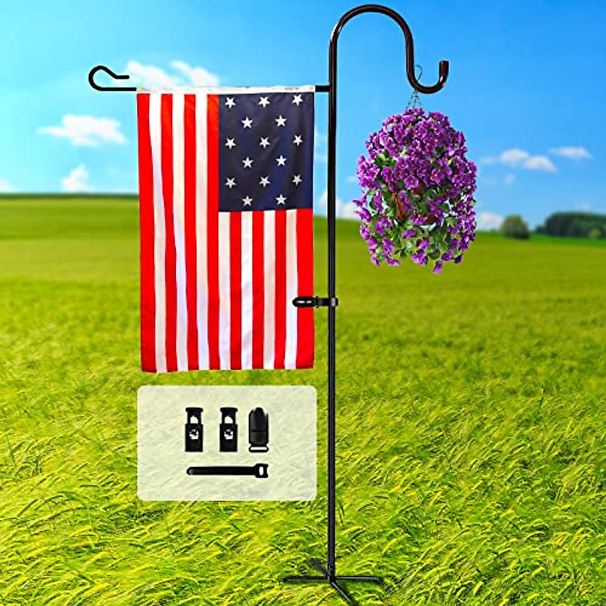 Rexwnadu Shepherd Hook&Garden Flag Holder Stand 48 Iches Bi-Use Sherpherd Hooks Heavy Duty Flag Pole Adjustable Height Yard Flag Stand Garden Decoration Rust Resistant