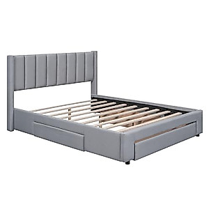 HAUSHECK Queen Upholstered Size with 3 Storage Drawer and Classic Wingback Headboard, Modern Platform Frame w/Wooden Slats Support Mattress Foundation, Bed No Box Spring Needed, Gray