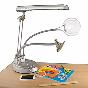 OttLite Ultimate 3-in-1 Craft Lamp, (Floor, Table and Clamp-On Lamp) 24w Energy Efficient Light Bulb for Bright Natural Daylight - Built-in Outlet, Adjustable Neck, 2X Magnifier & Versatile Height