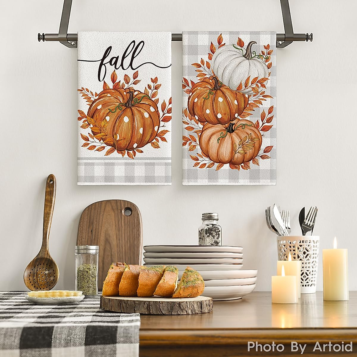 Artoid Mode Orange Buffalo Plaid Leaves Pumpkin Fall Kitchen Towels Dish Towels, 18x26 Inch Farmhouse Decoration Hand Towels Set of 2
