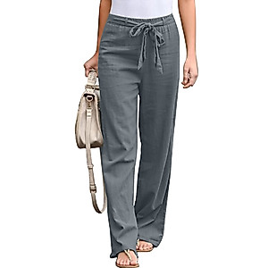 EVALESS Casual High Waisted Straight Leg Linen Palazzo Pants for Women Casual Solid Color Tie Comfy Trousers with Pockets Grey Large