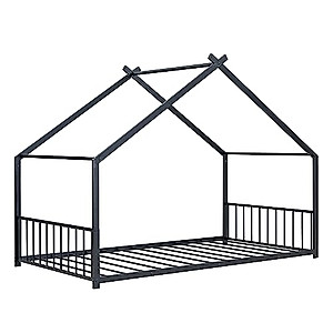 Goohome Montessori Floor Bed with Headboard and Footboard, Twin Floor Bed with Slats, Metal House Floor Bed for Girls, Boys, Teens No Box Spring Needed