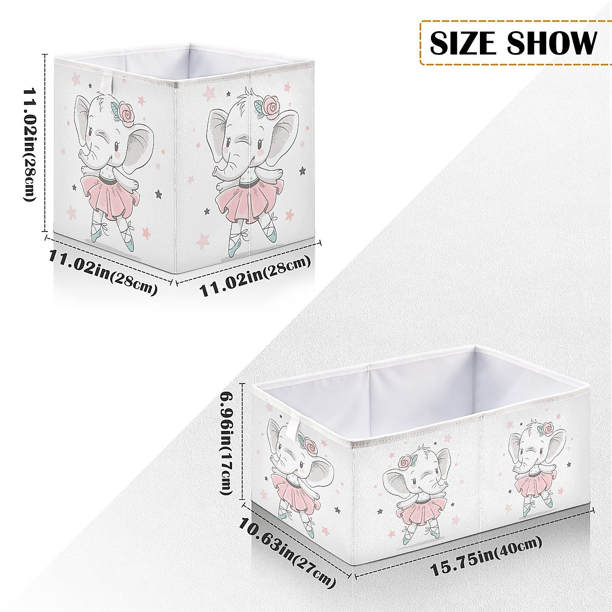 DOMIKING Cute Baby Elephant Pink Tutu Storage Baskets for Shelves Foldable Collapsible Storage Box Bins with Fabric Bins Cube Toys Organizers for Pantry Bathroom Baby Cloth Nursery,11 x 11inch