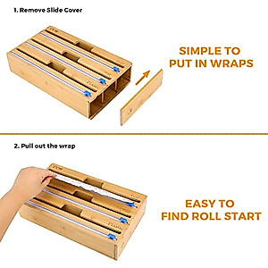 Bamboo Foil and Wrap Dispenser with Slide Cutter, 3 in 1 Plastic Wrap, Aluminum Foil and Wax Paper Organizer Holder Bamboo Tin Foil Roll Dispenser for Kitchen Drawer Compatible with 12 Inches Roll