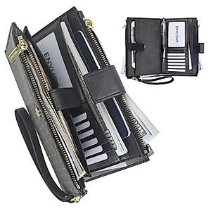 ENYISDAN Women Wristlet Clutch Wallet Long RFID Blocking Leather Wallet Multi Card Zipper Wallet with Credit Card Case Zipper Pocket Holder (black background/gray and white letters)