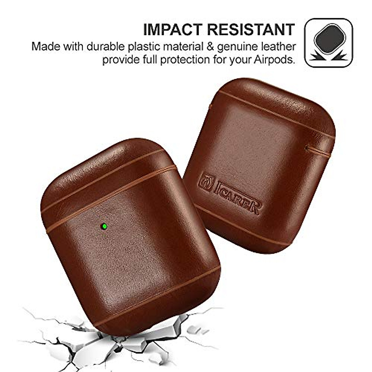 AirPods Case, ICARER Genuine Airpods Leather Case (The Front LED Visible) Wireless Charging Cover for Apple Airpod 2 & 1 (Brown)