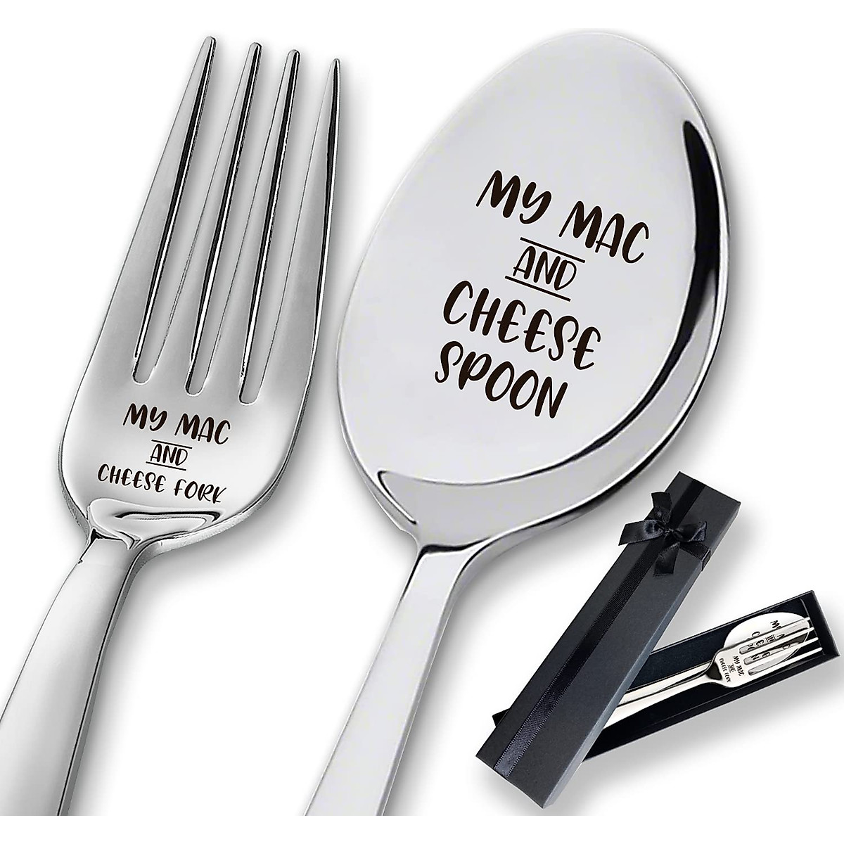 2 Pieces My Mac and Cheese Engraved Stainless Spoon and Fork, Funny Long Handle Dinner Fork Coffee Spoop with Gift Box, Mac and Cheese Lovers Foodie Gifts for Birthday Valentine Christmas