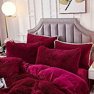 JAUXIO Luxury Long Faux Fur 3 PCS Bedding Set Shaggy Comforter Duvet Cover with Pillow Shams Ultra Soft Crystal Velvet Reverse (Queen, Burgundy)