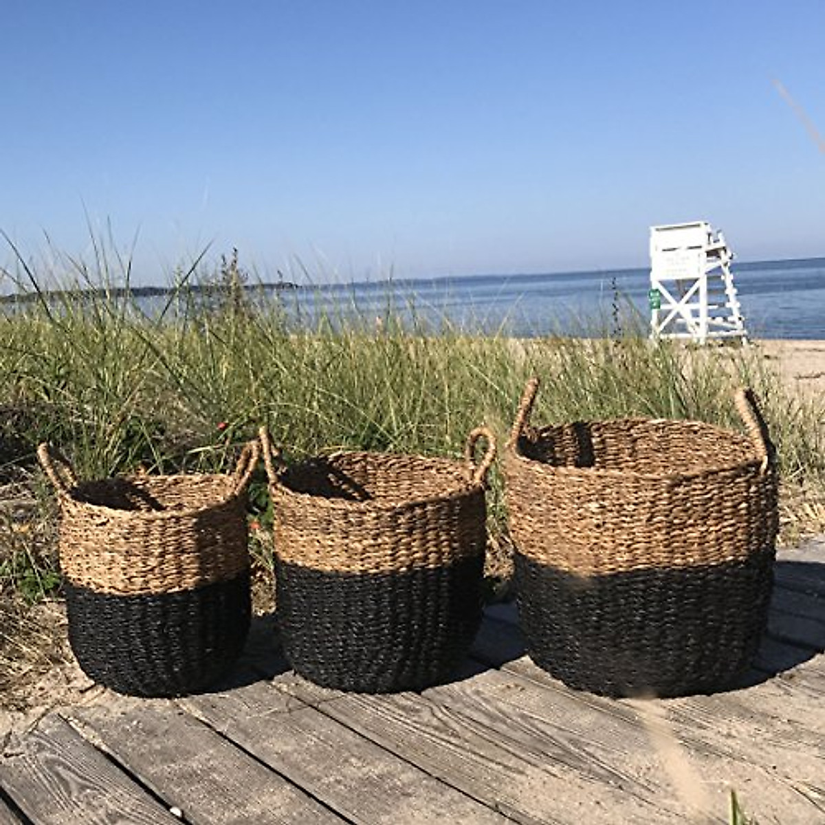 WHW Whole House Worlds Cape Cod Seagrass Baskets, Set of 3, Paint Dipped, Chunky Weave, Nautical Gray, Natural, Barrel Belly, Top Handles, 15.75, 13.75, and 11.75 Inches Tall