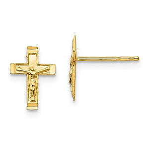 Solid 14k Yellow Gold Cross Crucifix Post Studs Earrings - 10mm x 8mm