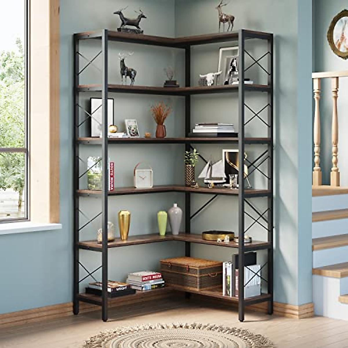 Wildhome 6-Shelf Corner Bookshelf, Vintage Industrial Corner Bookshelf Etagere Bookcase, Large Book Shelf with Metal Frame Open Storage Corner Cabinet for Living Room Home Office（Retro Brown）