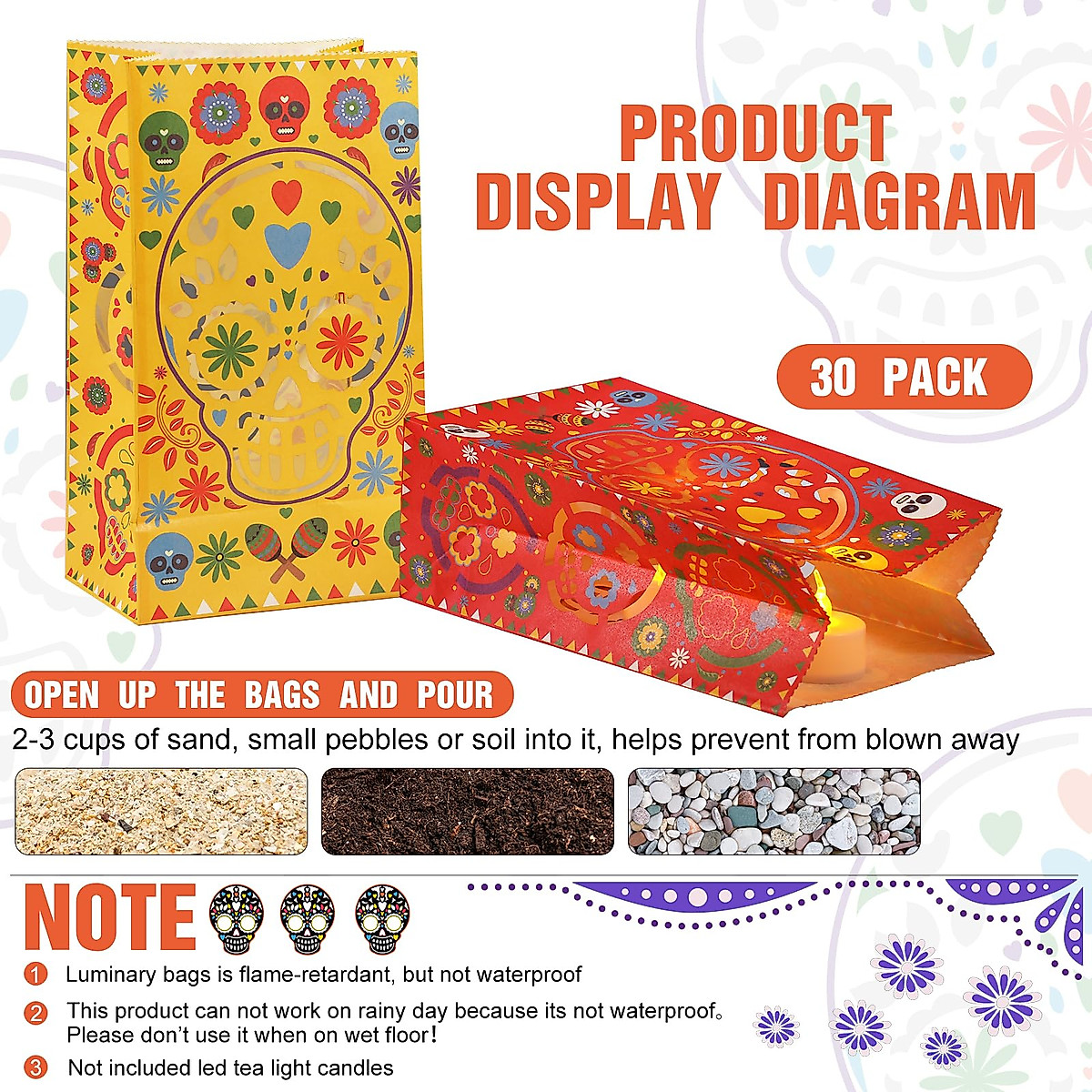 Ireer 30 Pieces Halloween Day of The Dead Luminary Bags Dia De Los Muertos Candy Bags Flame Resistant Candle Bags Sugar Skull Gift Goodie Bags for Mexican Fiesta Halloween Party Favors Supplies
