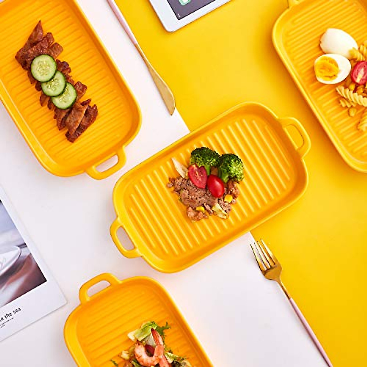 Bruntmor 8.5" X 7" Black Porcelain Set of 4 Serving Platters. Amazing lasagna pan with handle, Matte Glaze Baking Dish Dinner Plates, Oven Safe Serving Dishes for Christmas, Square