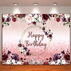 Burgundy Flower Happy Birthday Photography Backdrops 72.8x43.3inch Rose Gold Glitter Blush Photo Background for Women Lady Girl 16th 30th Birthday Party Decorations Banner Photo Booth Supplies