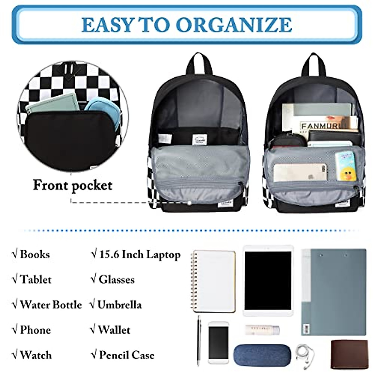 VASCHY School Backpack, Lightweight Travel Backpack for Men Women Schoolbag Bookbag for Kids Teen Boys Girls Black White Plaid