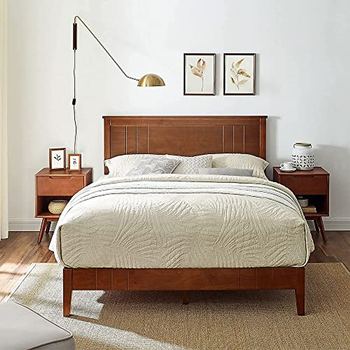 MUSEHOMEINC Mid-Century Modern Solid Wooden Platform Bed with Adjustable Height Headboard for Bedroom,King Size Wooden Bed Frame with Headboard,Wood Slat Support & No Box Spring Needed