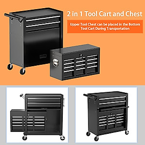 DUSACOM 8-Drawer High Capacity Rolling Tool Chest, Removable Cabinet Storage Tool Box with Wheels and Drawers, Detachable Toolbox with Lock for Workshop Mechanics Garage (Black)