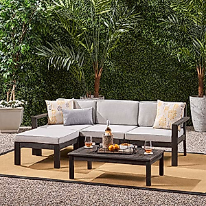 Great Deal Furniture Makayla Ana Outdoor 3 Seater Acacia Wood Sofa Sectional with Cushions, Dark Gray and Light Gray