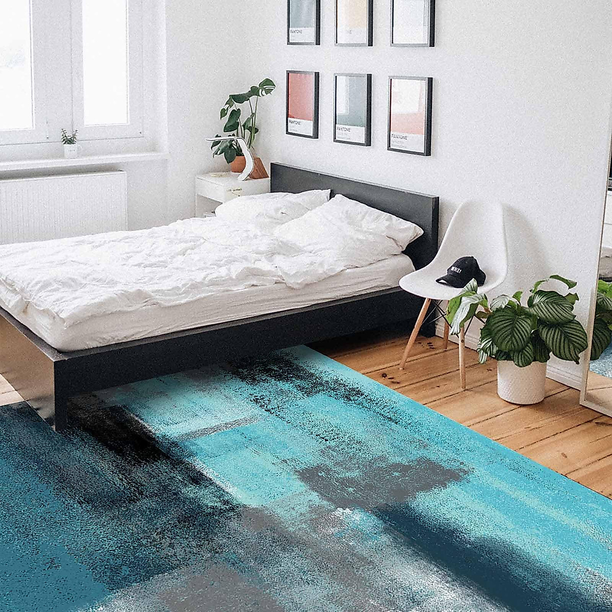 Contemporary Non-Slip Area Rug Turquoise and Grey Abstract Art Painting Teal Printed Rugs Art Carnival Rubber Backing Living Room Floor Mats Rectangle Area Rug Carpet for Indoor 2.7'x5'