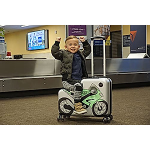 Younglingz Lil Flyer 20" kid ride on suitcase child stroller spinner luggage (Green Motorcycle)