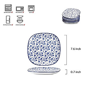 Selamica Porcelain Square Dessert Salad Pasta Plates 7.6 inches ceramic plates set of 6 microwave/dishwasher/oven safe, Vintage Blue
