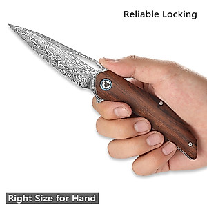 TRIVISA Handmade Pocket Knife,3.62'' 110 Layers Damascus Steel Blade,Front Flipper Wood Handle with Clip,Folding EDC for Men Outdoor Hunting Camping Hiking,Taurus-01i
