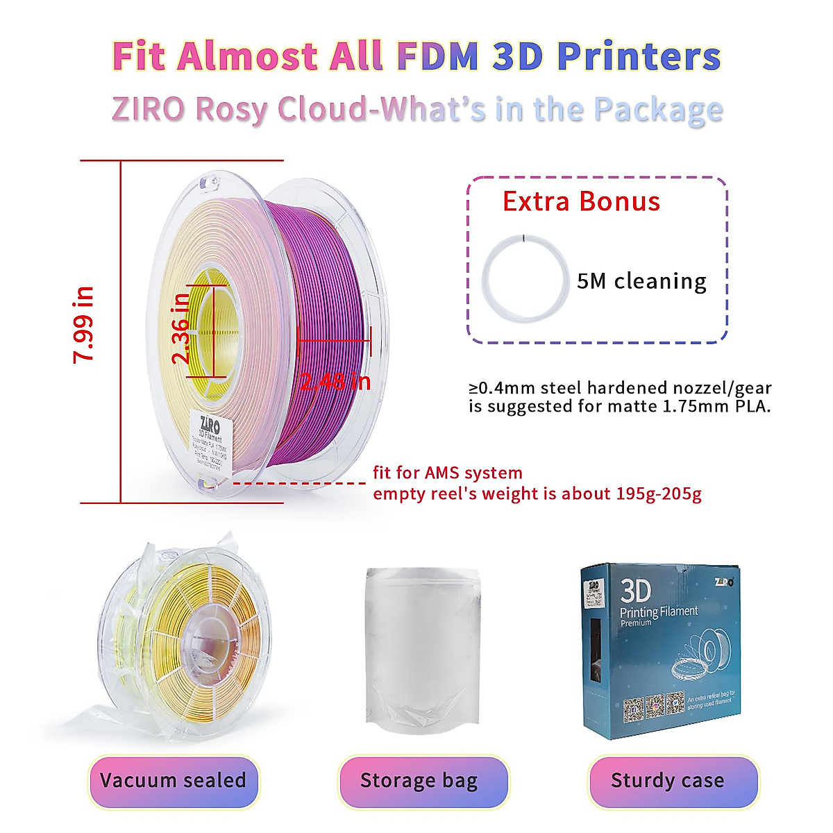 ZIRO PLA Filament Matte, Multicolors 3D Printer Filament, 3-in-1 Chrome Coextrusion PLA, Magic Three-Color PLA, Fit Most FDM 3D Printers,1KG/2.2lb Spool, Rosy Cloud (Matte)