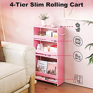 MARTY Pink Slim Storage Cart, 4-Tier Rolling Bookshelf Kitchen Cart with Wheels, Laundry Room Organization with Handle Slide Out Utility Cart Shelving Unit Trolley for Narrow Places