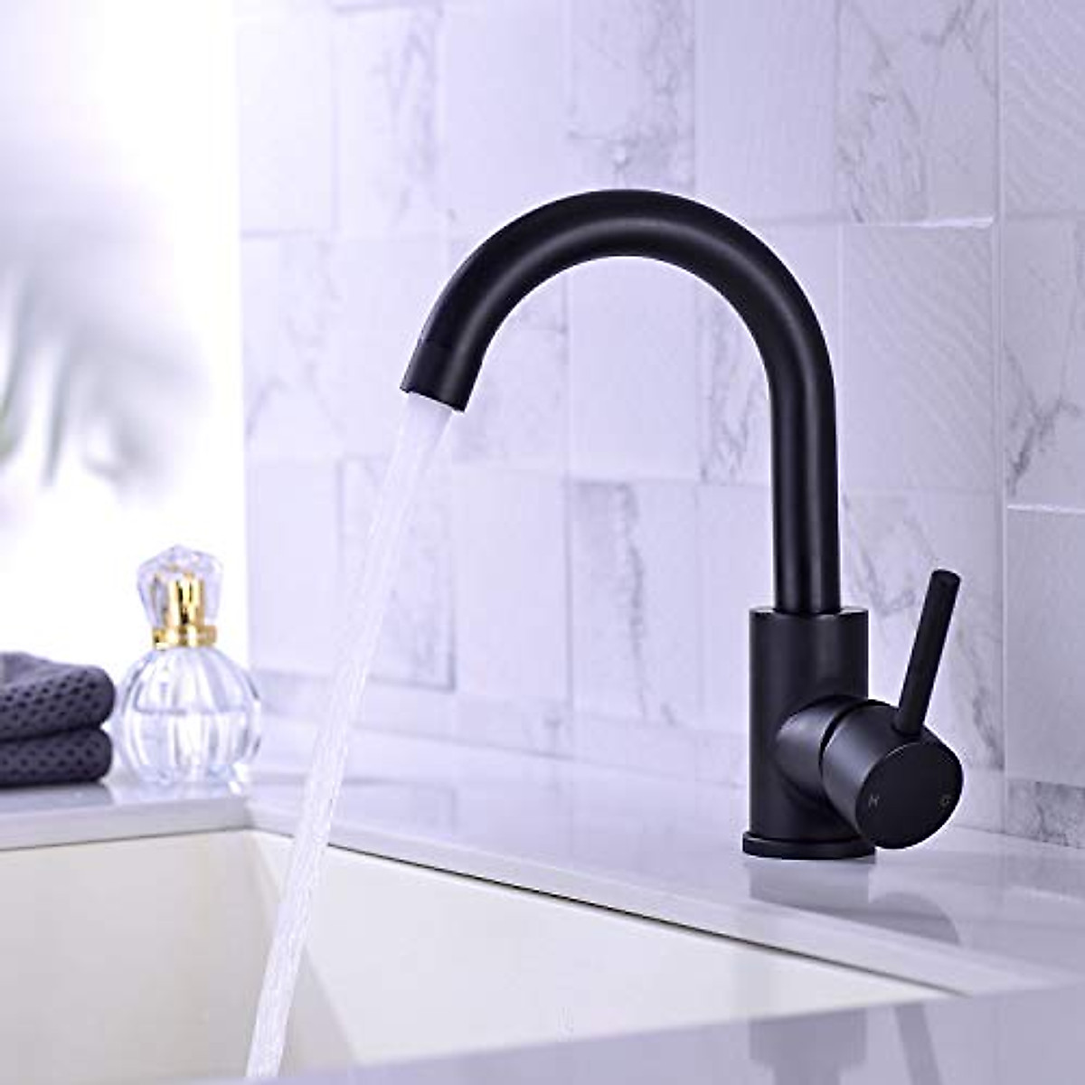 Anpean Single Handle Bathroom Sink Faucet 1-Hole with Pop-Up Drain and Water Supply Lines, Matte Black